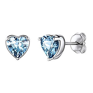925 Sterling Silver March Birthstone Earrings, Womens Hyperallergic Earrings Simple Dainty Aquamarine Crystal Heart Shaped Stud Earrings Women