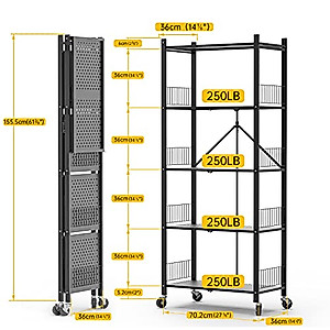 JAQ Foldable Storage Shelves Unit,5-Tier Folding Shelf Rack Organizer Cart with Rolling Wheels for Temporary or Mobile Storage in Garage Kitchen Warehouse Patio Plants Basement ( Black,5-Tier)