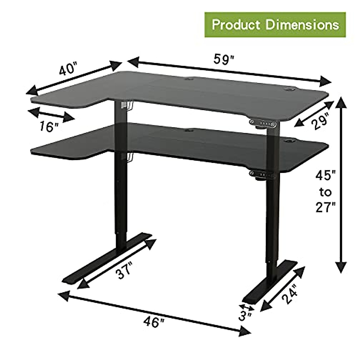 Radlove 59-Inch Large Electric Height Adjustable Computer L-Shaped Desk with Memory Controller Corner Standing Desk Modern Workstation with Splice Board Game Ergonomic Desk (Black Frame + Black Top)