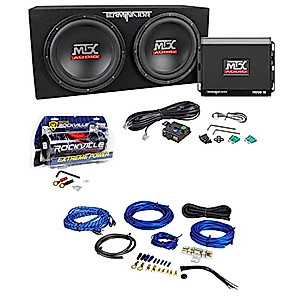 MTX Terminator TNP212D2 1200 Watt 2 Ohm Dual 12 Subwoofers/Sub Box/Amp Package Bundle with Rockville RXC2D 2 Farad Stiffening Power Capacitor & RWK81 Amp Installation Wire Kit (3 Items)