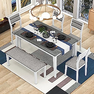 Goozio 6 Piece Dining Table Set,Wood Dining Table and 4 Upholstered Chairs and Bench with Cushion, Classic Traditional Style Kitchen Table Set for 6 Person,White+Gray
