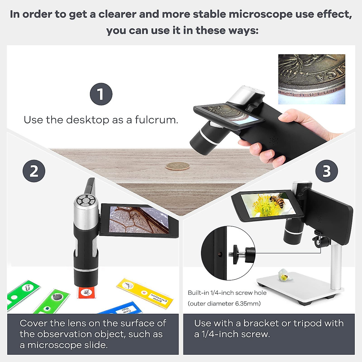 Andonstar AD203 Handheld Digital Microscope, Portable Pocket Microscope with 4 inch Screen for Kids and Adults, Black, Electronic FHD Video Microscope, Supports Windows Mac PC, USB Coin Microscope