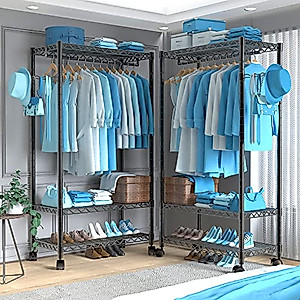 PUNION Heavy Duty Clothing Garment Rack, Freestanding Clothing Rack, Portable Closet Wardrobe with 3 Adjustable Wire shelves 1 Side Hook and 1 Clothe Rod for Hanging Clothes, Black