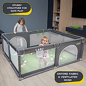 Ocodile Baby Playpen with Mat - Extra Large Play Yard with Mesh Sides for Your Toddler - 50 Balls and 4 Rings Gray