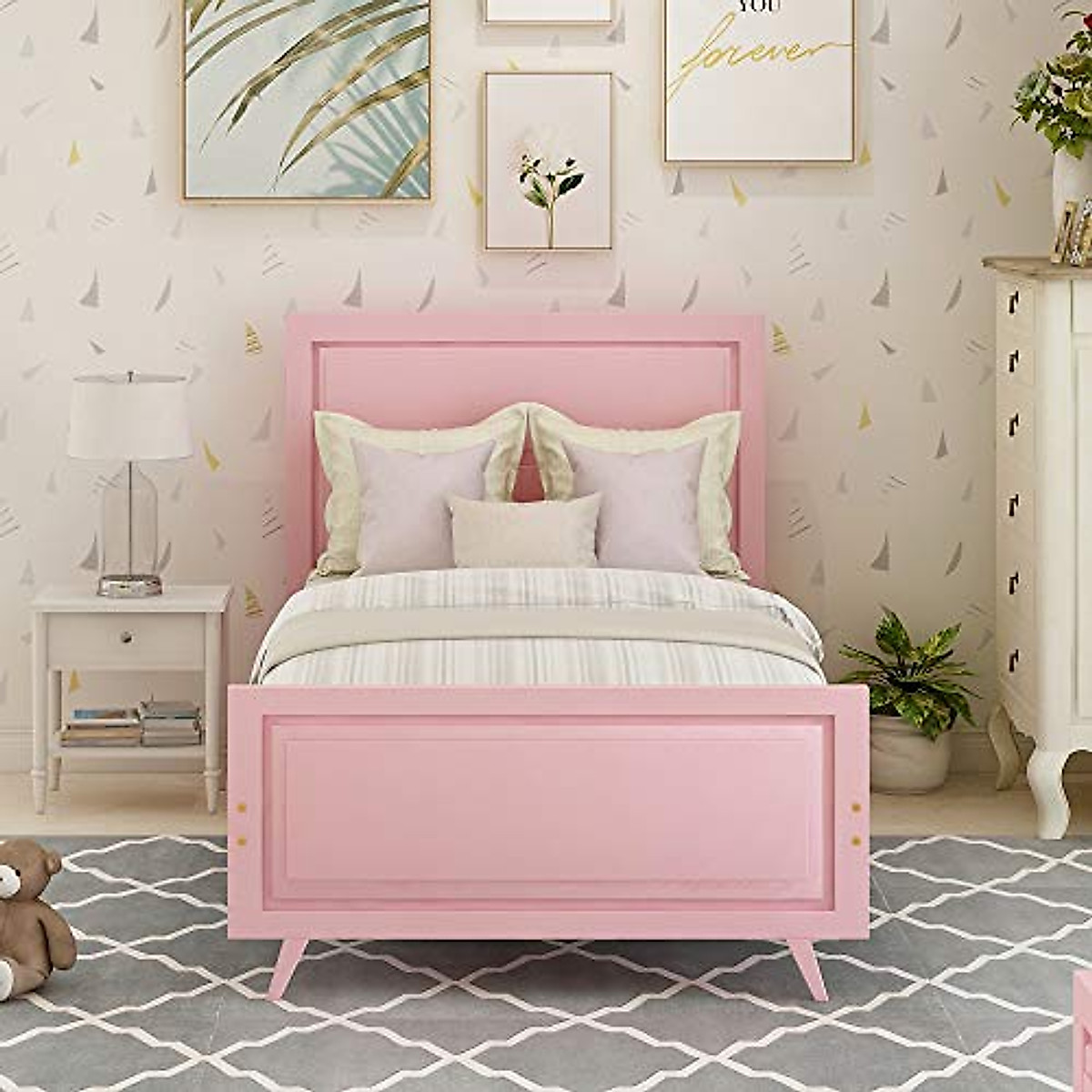 Wood Platform Bed Twin Bed Frame Mattress Foundation Sleigh Bed with Headboard/Footboard/Wood Slat Support,No Box Spring Needed (Pink)