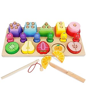 Agirlgle 3 in 1 Montessori Toys Wooden Shape Sorting & Stacking Toys Cutting Play Food Toy Fishing Game ，Color Shape Sorter Puzzles Educational Learning Toy Fine Motor Skills Geometric Stacker Blocks