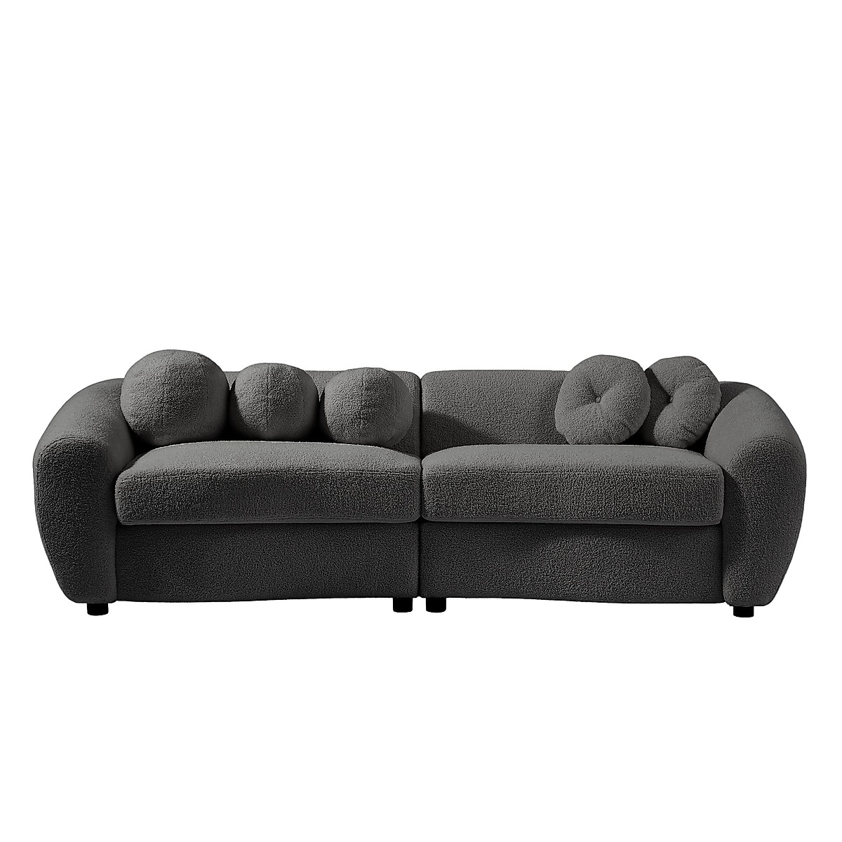 WILLIAMSPACE 87.7" Modern Sofa Couch, Back Upholstered Couch with 5 Decorative Throw Pillows, Teddy Fabric Couch 3 Seater Sofa for Living Room, Office, Apartment (Grey)