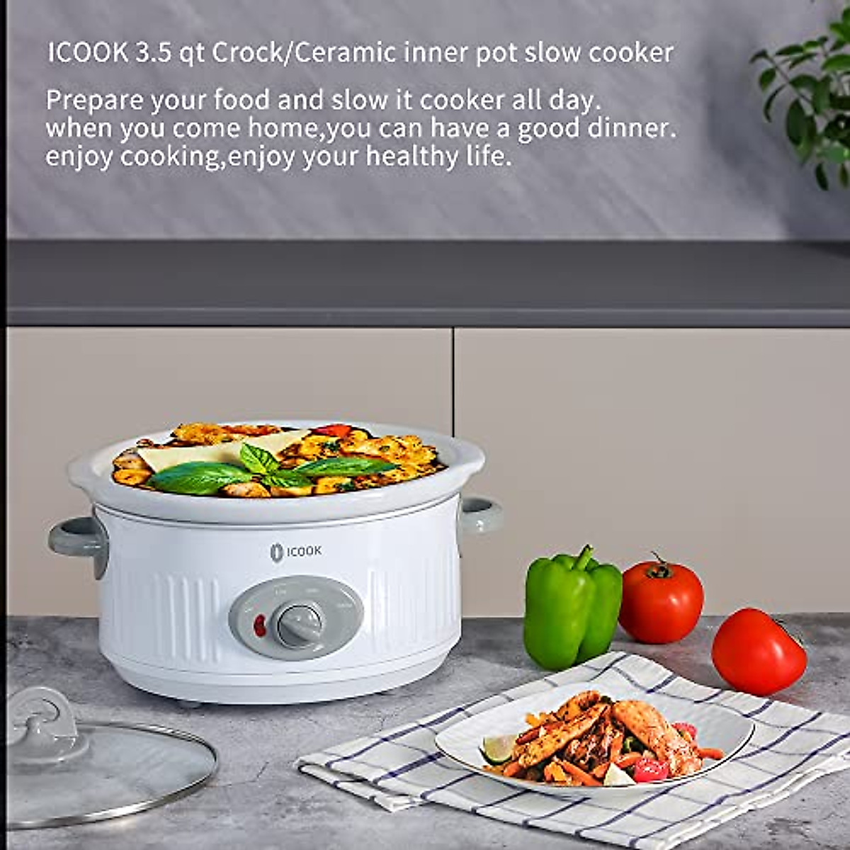 ICOOK Slow Cooker 3.5 Quart USC-351-OG,Dishwasher Safe Crock/Ceramic inner pot and Glass lid,Small Slow Cooker,Oval Shape,White