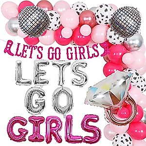 Western Cowgirl Let's Go Girls Bachelorette Party Decoration Hot Pink Nashville Bridal Shower Bachelorette Balloon Garland with Lets Go Girls Banner Ring Disco Balloon for Western Bridal Shower