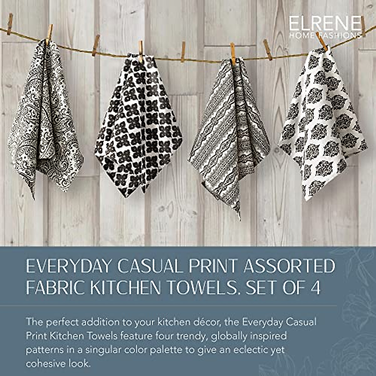 Elrene Home Fashions Everyday Casual Prints Assorted Kitchen Towels, Cotton Dish Towels, 17 Inches by 28 Inches, Black, Set of 4