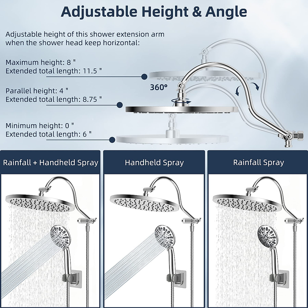 Hibbent 12 Inch Thickness Metal Rainfall Shower Head/Handheld Showerhead Combo with 12 Inch Adjustable Curved Shower Extension Arm, 7-Spray, 71 Inch Hose, Adhesive Showerhead Holder, Chrome