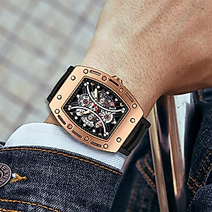 Mini Focus Unique Men Watch Tonneau Casual Wrist Watch (Hollow/Waterproof/Super Luminous/Calendar) Soft Silicon Band Fashion Cool Watch for Men