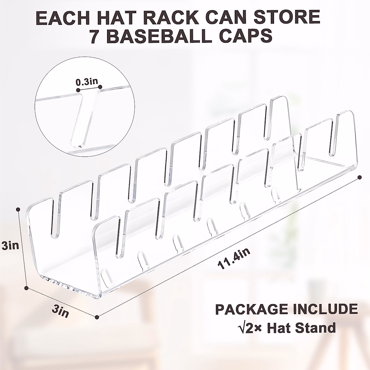 PYOF 2024 New Hat Stand for Baseball Caps - 2 Pack Hat Organizer for 14 Baseball Caps No Install Hat Storage Display Rack Acrylic Hat Holder for Closet, Bedroom, Dresser, Entrance (Clear)