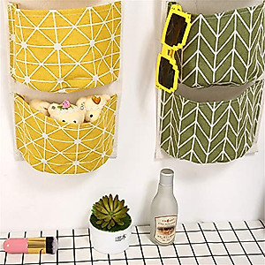 Votono Hanging Storage Bag Wall Mounted 3-Bag Door Organizer Linen Cotton Fabric 2 Pack for Room and Bathroom (2 Pack Green)