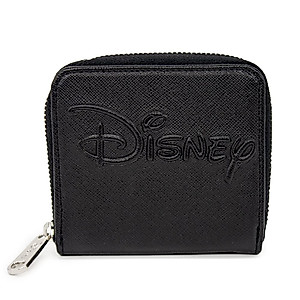 Disney Wallet, Square Zip Around, Disney Signature Text Logo Embossed, Black Vegan Leather