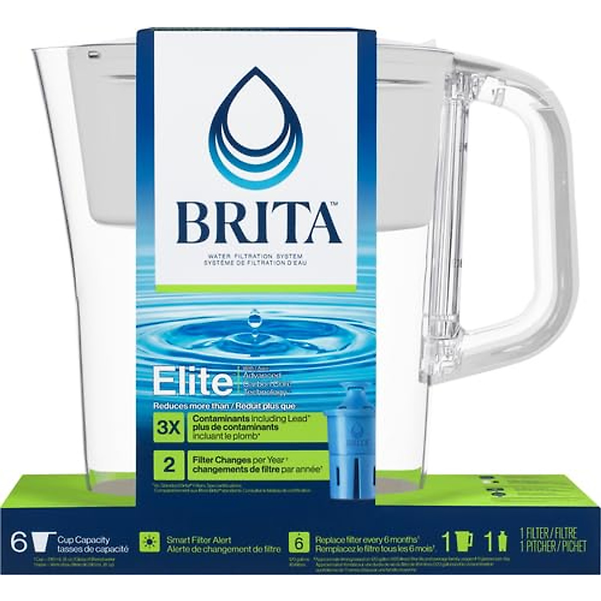 Brita Small 6 Cup Denali Water Filter Pitcher with 1 Brita Elite Filter, Made Without BPA, White