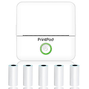 Print Pod Wireless Bluetooth Sticker Thermal Fast Printer, Inkless Pocket Printer for DIY Scrapbook with 5 Rolls Printing Paper (White)