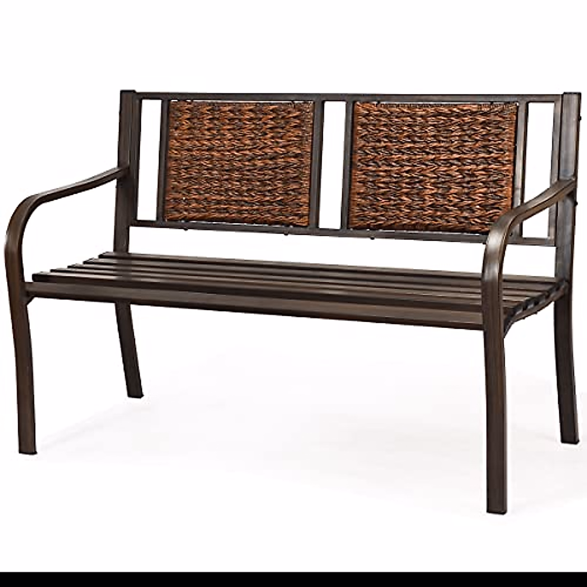 Tangkula Patio Garden Bench with Wicker Backrest, Outdoor Park Bench Chair with Powder Coated Steel Frame, Bench Loveseat for Outdoor Garden, Backyard, Lawn, Porch, Path, Deck