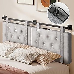 GREENSTELL Wall Mount Headboard with USB for Queen/Full Size Bed, Linen Fabric Headboard Only, Industrial Pipe Modern Style, Gray Hanging Head Boards, Comfortable, Button Upholstered for Bedroom