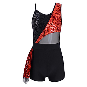 CHICTRY Girls Kids Sparkle Mesh Splice Ruffle Hem Leotard Jumpsuits for Athletic Dance Gymnastics Red 12 Years