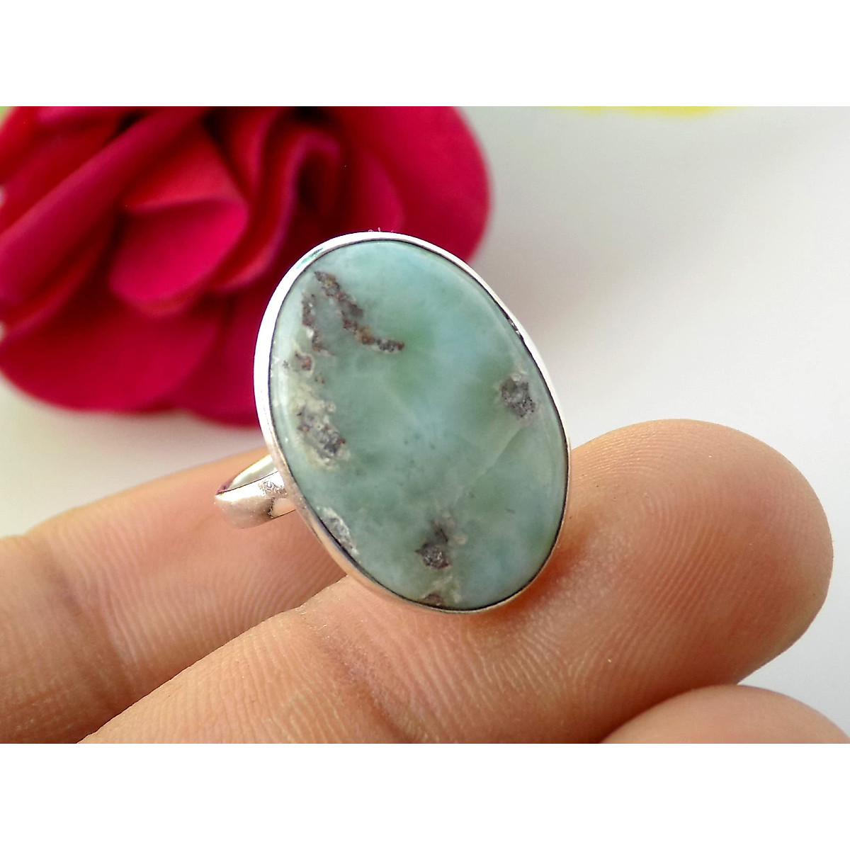 Natural Larimar Ring, Women's Ring, Statement Ring, Simple Bezel Gemstone Ring, (Size- 6.5 USA) Blue