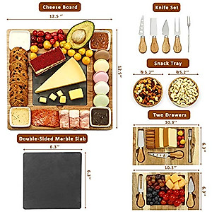 Cheese Board Set & Knife Set,Wood Charcuterie Boards,Cheese Tray with Cutlery in Double Slide-Out Drawer,Cheese Plates for Charcuterie,Wine,Crackers, Brie,Meat,Gift for Valentine,Wedding,Housewarming