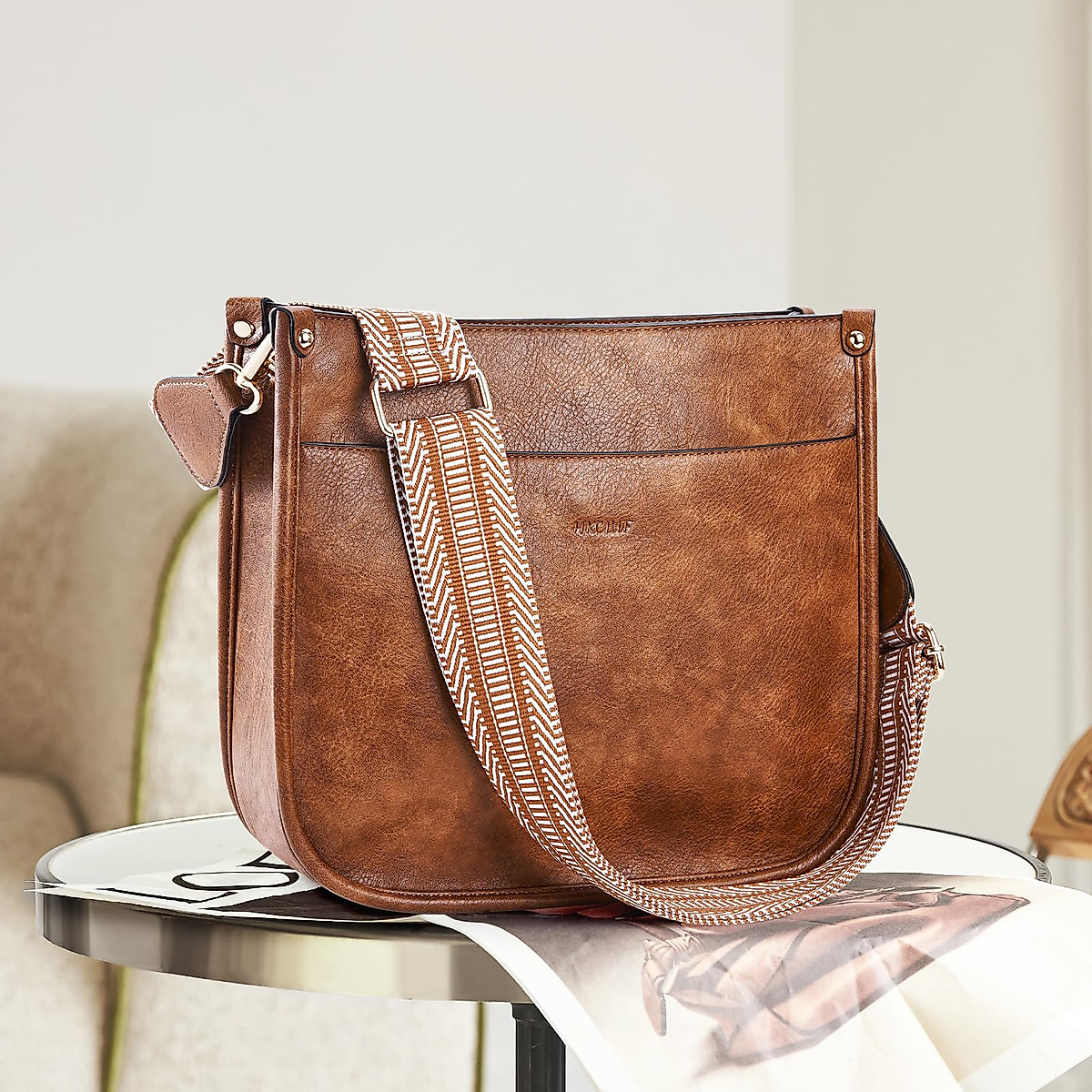 HKCLUF Crossbody Bags for Women Trendy Vegan Leather Hobo Handbags With 2PCS Adjustable Guitar Strap Shoulder Bucket Purse For Women(Brown)