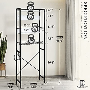 CAPHAUS Over The Toilet Storage, 4-Tier Bathroom Organizer, Freestanding Toilet Shelf, Multifunctional Space Saver Toilet Rack with 4 Hooks, Laundry Organizer, Plant Stand for Balcony (Marble White)