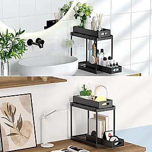 Under Sink Organizer and Storage, 2 Tier Under Sink Organizer with Sliding Pull Out Drawer for Kitchen Bathroom Cabinet Shelf Basket with 8 Hooks (2 Pack)