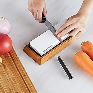 Amazon Basics Whetstone Knife Sharpening Wet Stone - Dual-Sided 3000/8000 Grit with Non-Slip Bamboo Base, 18 x 6.1 x 2.8 cm, Black & Grey, 1 Pc