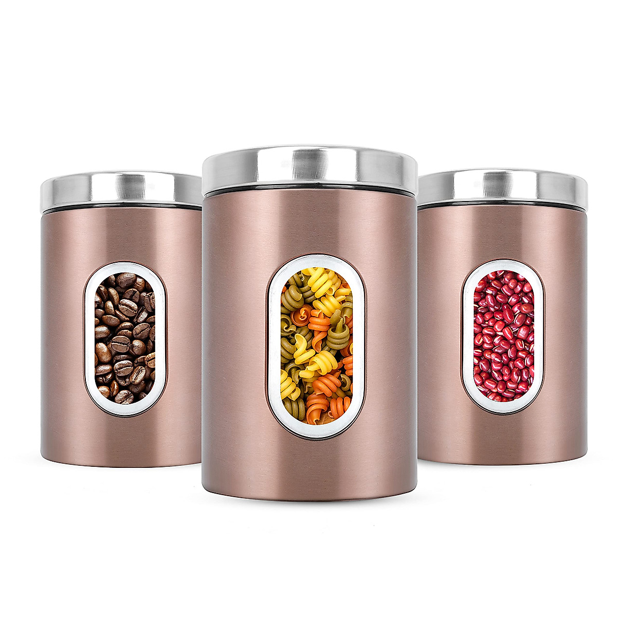 JENNIMER Kitchen Canisters Set of 3,Stainless Steel with Transparent Windows for Sugar Food Tea Coffee Candy Storage (Champaign Gold)