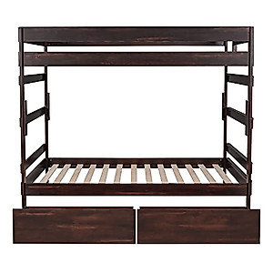 Full Over Full Bunk Bed with 2 Drawers, Solid Wood Bunk Bed Frame with Ladders & Storage Drawers, Bedroom Furniture Can Be Divided Into Two Individual Beds
