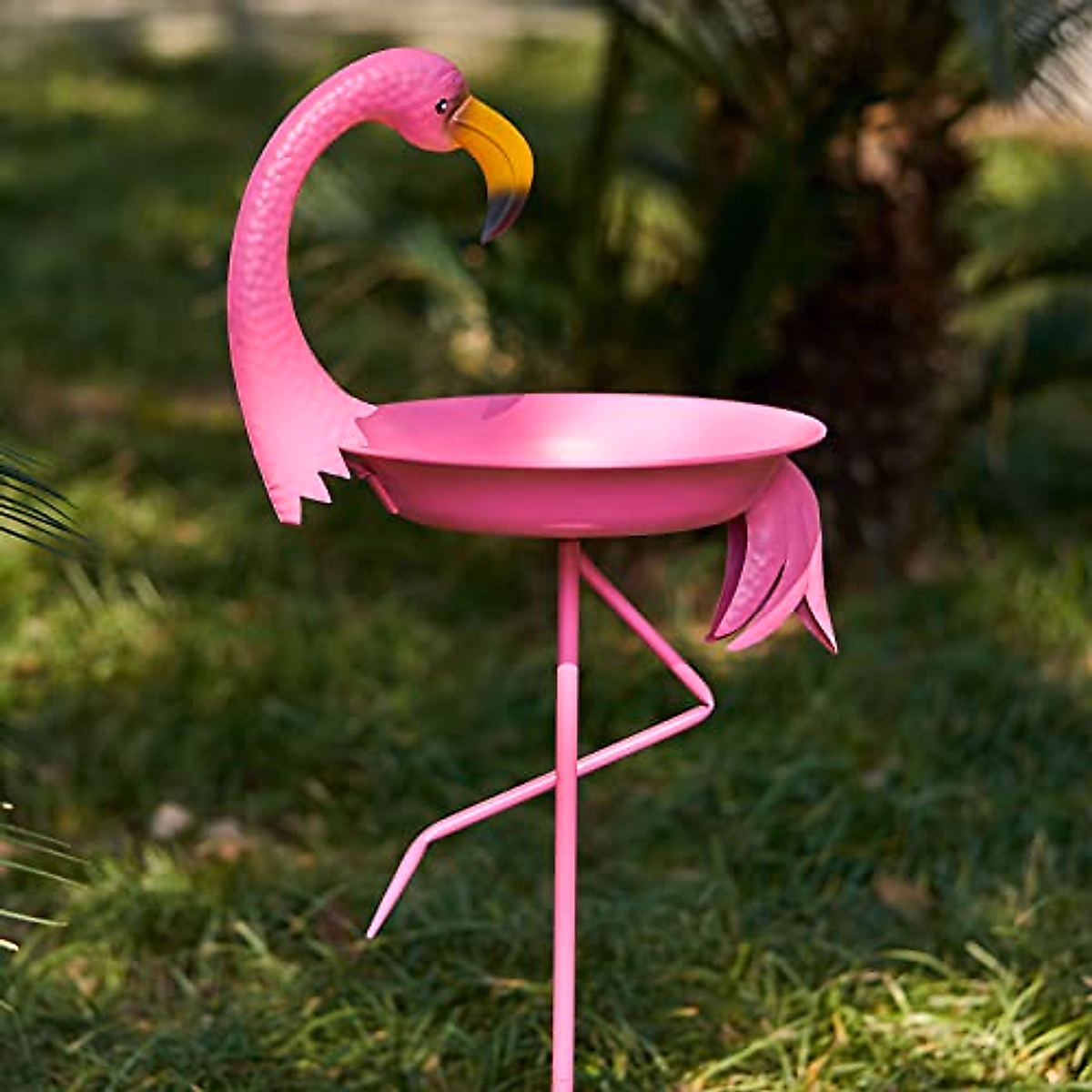 SMQLJXC 12.6" W*39.4" H Flamingo Bird Baths for Outdoor, Metal Bird Bath Bowl, Bird Feeder or Drinker Plate with Metal Stake, Home Garden Lawn Yard Decor