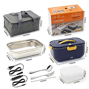 2L Electric Lunch Box,80W Portable Food Warmer Lunch Box Fast Heated Lunch Boxes for Adults,Rechargeable 12V 24V 110V Self Heating Lunch Box for Car Truck Work with SS Container Fork Spoon Carry Bag