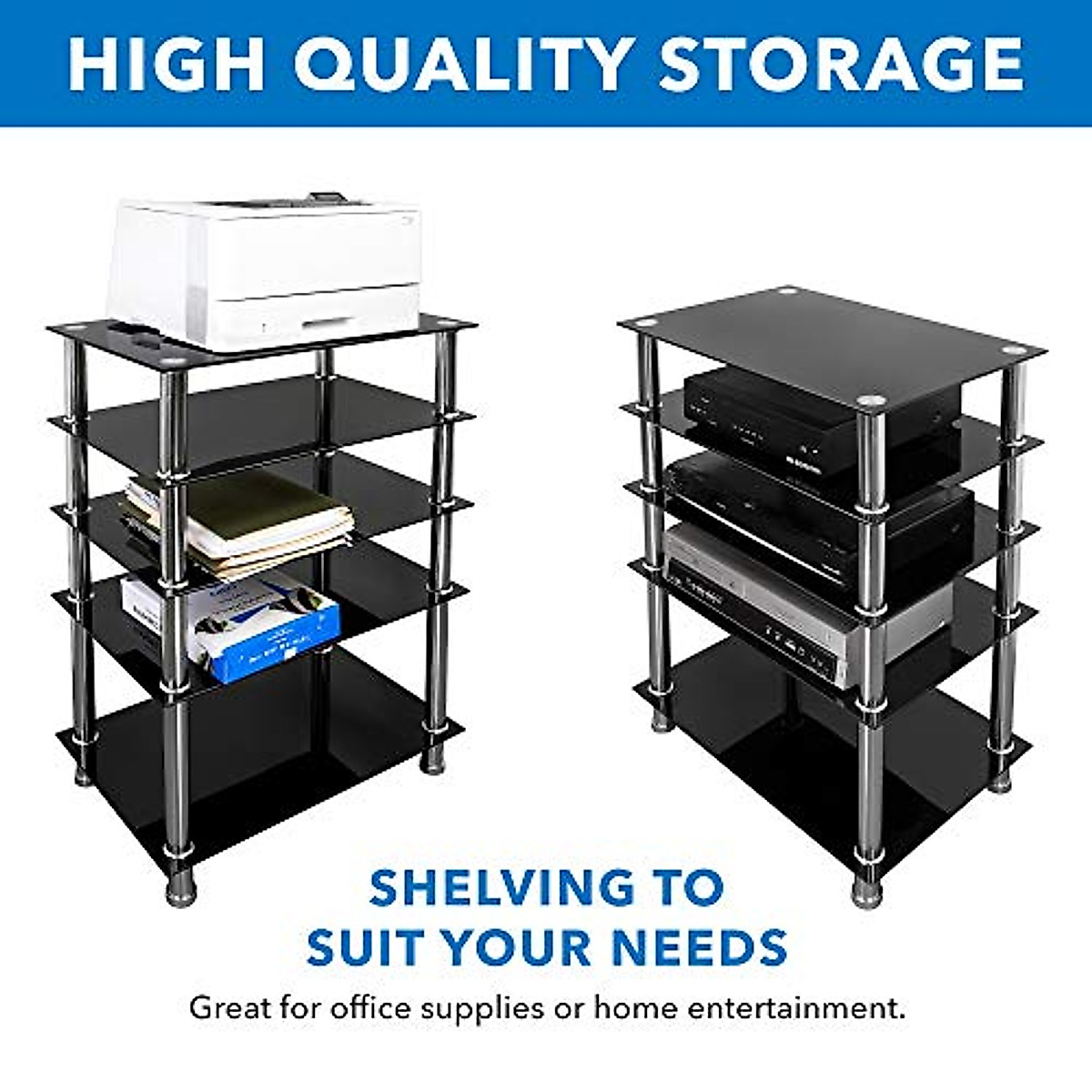 Mount-It! Tempered Glass AV Component Media Stand, Audio Tower and Media Center with 5 Shelves, 220 Lbs Total Capacity, Black Shelves Chrome Legs (MI-8671)