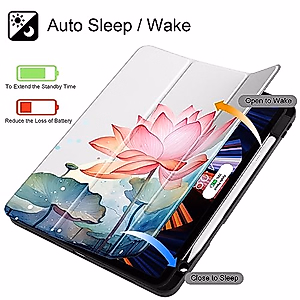 SUROCASE for iPad Pro 11 Inch M2 Case, Clear Back & TPU Cover with Trifold Stand+Pencil Holder for iPad Pro 11 Inch 4th Generation 2022 / 3rd Gen 2021/ 2nd Gen 2020 / 1st Gen 2018, Spring Lotus