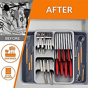 VILIA Expandable Kitchen Drawer Organizer with Knife Holder, Utensil Holder - Adjustable Cutlery Silverware Tray for Drawer, Kitchen Organization, Large Durable Utensil Organizer, Kitchen Storage