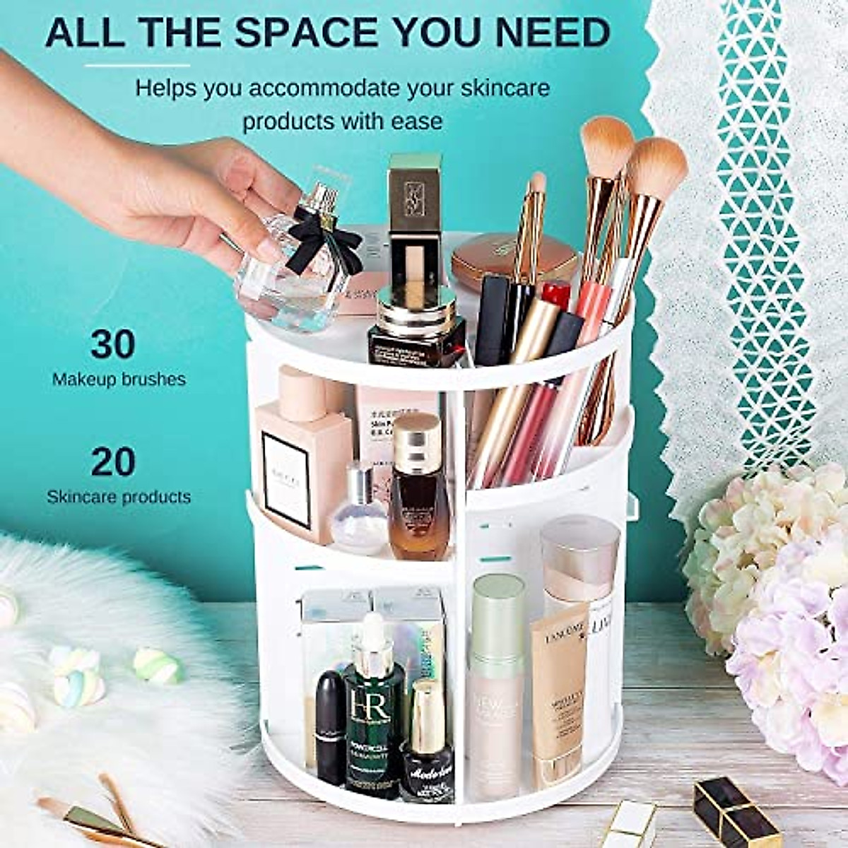 alcora life 360 Rotating Makeup Organizer, Makeup Spinning Organizer Rotating Organizer Desk for White Makeup Holder Lazy Susan Organizer Dresser- 7 Adjustable Layers with 4 Trays