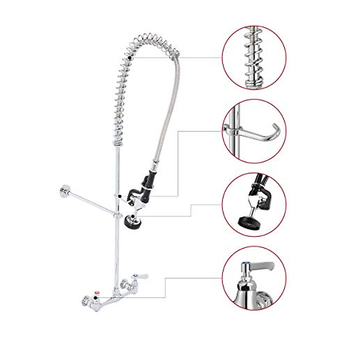 DuraSteel Commercial Kitchen Wall Mount Pre-Rinse Faucet, 38" Height 8" Center with Coiled Spring Pull Down Sprayer, Brass Constructed Polished Chrome Body, 1 Set