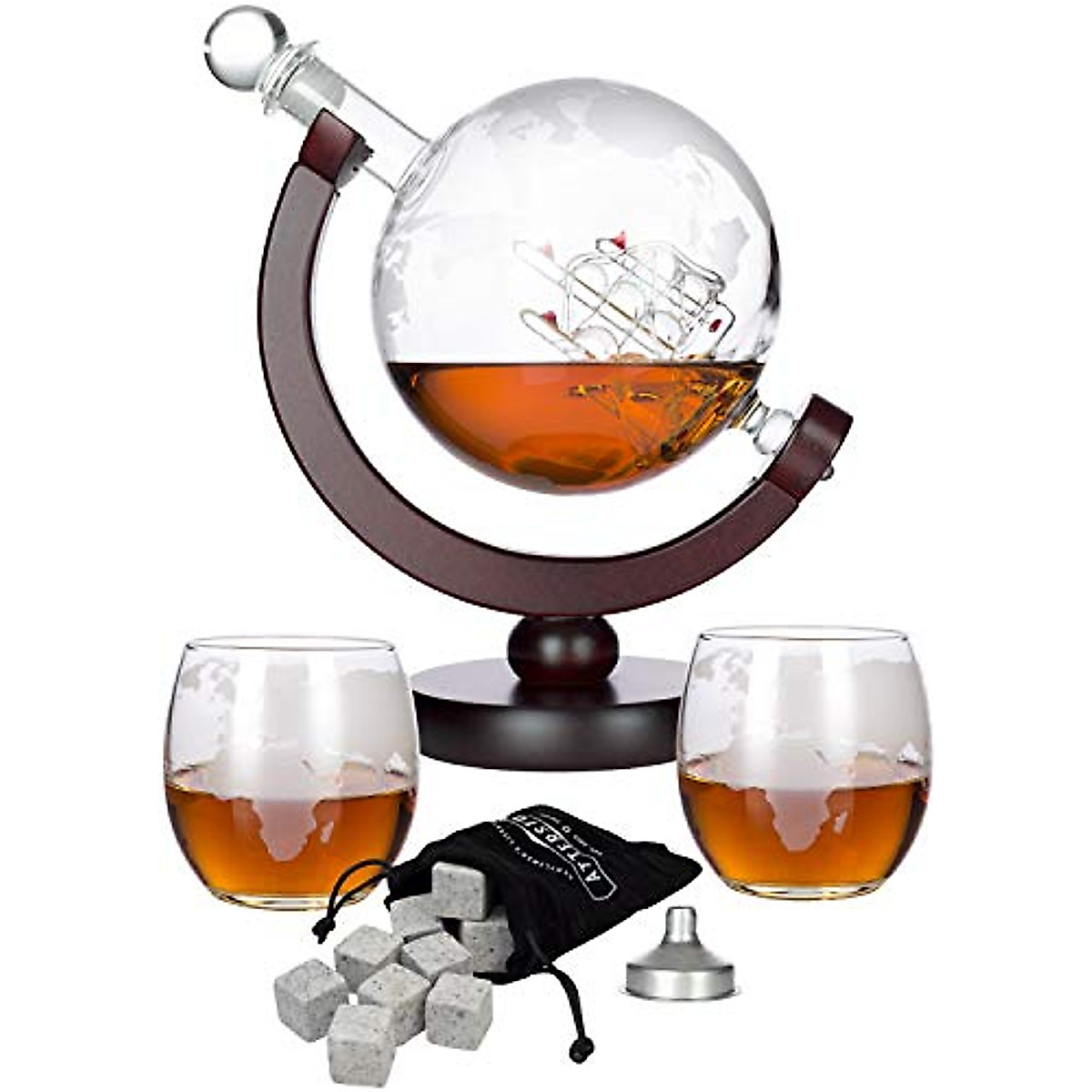 Atterstone Whiskey Decanter Set Globe Decanter Whiskey Decanter Sets for Men Decanter Globe Set Great Gift Bourbon decanter Scotch Decanter Sets 850 ml Includes 2 Glasses Whisky funnel