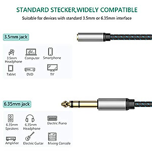1/4 to 3.5mm Headphone Adapter, JewMod 6.35mm 1/4 Male to 3.5mm 1/8 Female Stereo Jack Audio Adapter, 3.5 to 6.35 Audio Cable for Amplifiers, Guitar, Piano, Home Theater Devices,etc-0.6Ft