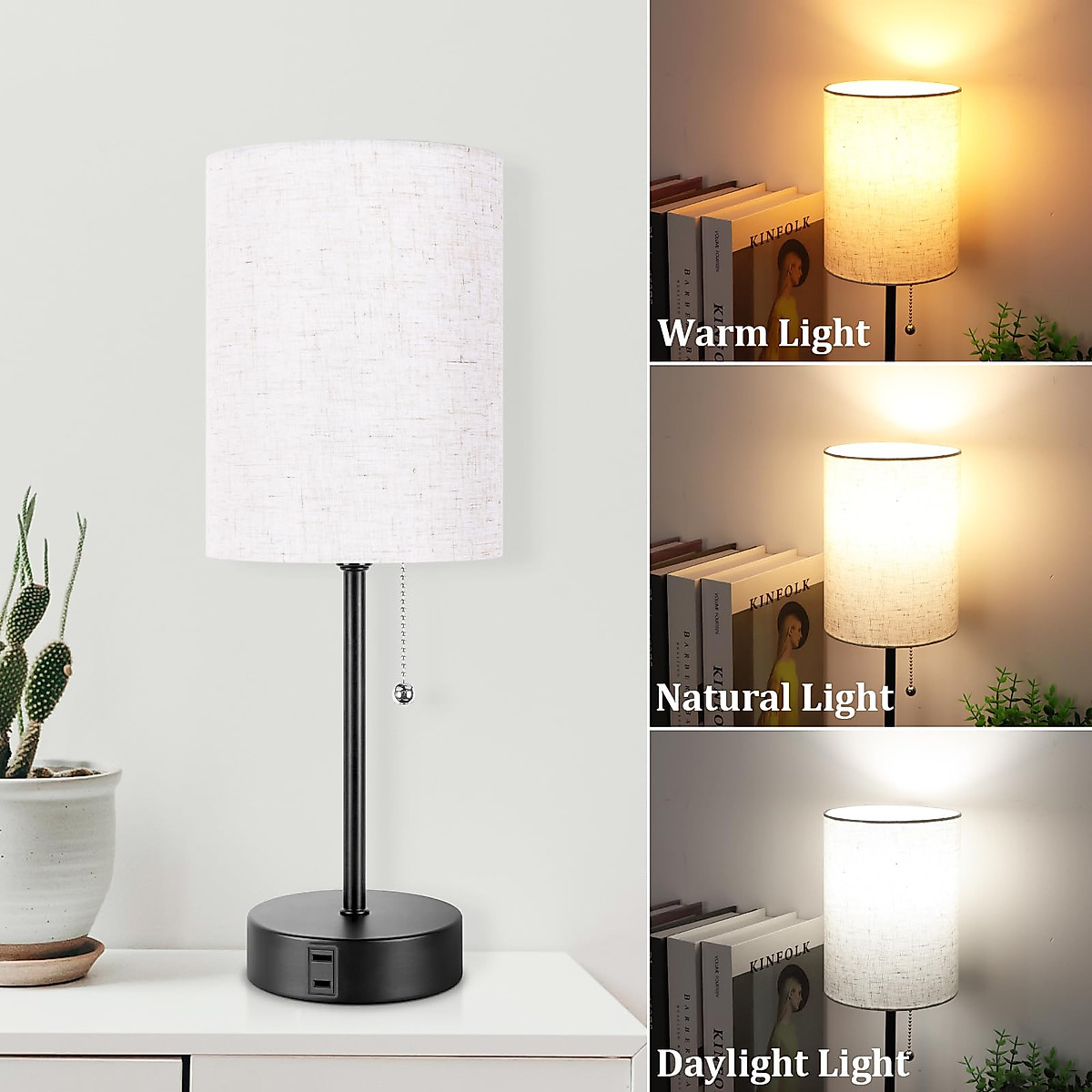 Dott Arts Bedside Lamps for Bedrooms Set of 2, Table Lamps for Nightstand with 3 Color Modes 2700K-5000K, AC Outlet, Nightstand Lamp Night Lamp for Living Room/Reading Room