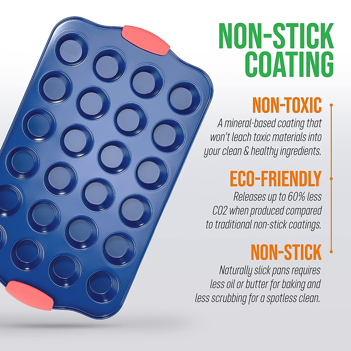 NutriChef 17” Nonstick Mini Muffin Pan - Premium Carbon Steel 24 Cup Baking Tray w/ Red Silicone Handles, Easy to Clean Mini Cupcake Bakewear - Dishwasher Safe, Blue