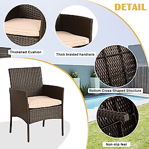 PIKAQTOP 3 Piece Small Patio Furniture Set, PE Rattan Wicker Space Saving Conversation Set with Cushions & Glass Coffee Table, Outdoor Furniture Sets for Deck Front Porch Lawn Garden Balcony Backyard