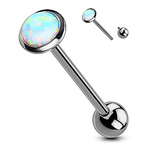 OUFER 14G Tongue Rings, G23 Solid Titanium Tongue Piercing Jewelry, White Opal Internally Threaded Tongue Ring, Tongue Rings for Women Men