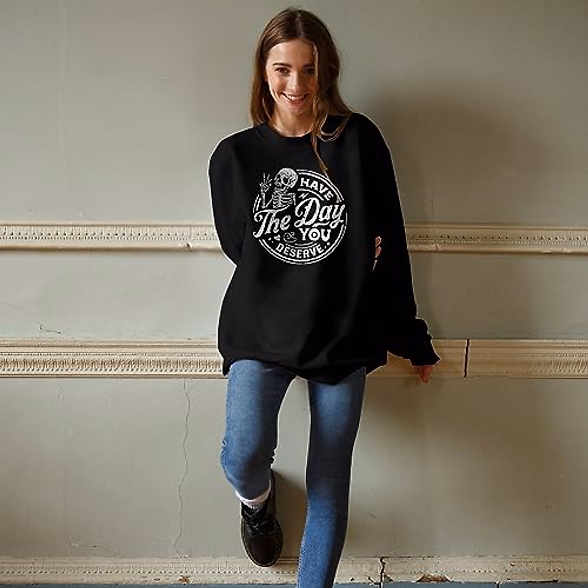 MYHALF Have The Day You Deserve Skull Shirts Women Halloween Oversize Skeleton Sweatshirt Fall Crewneck Long Sleeve Tees Tops Black