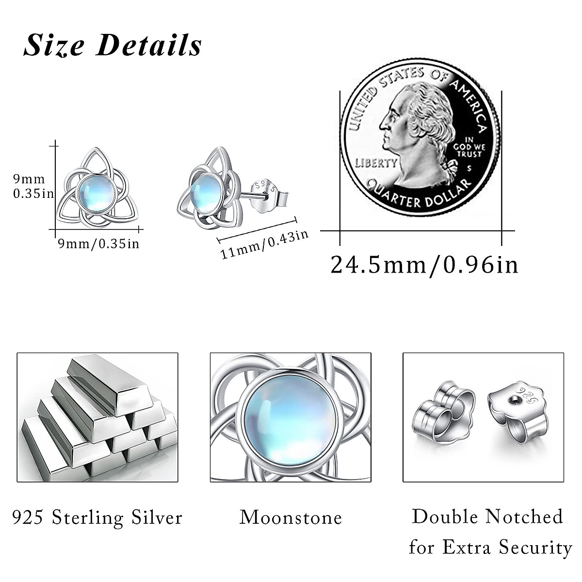 Moonstone Earrings for Women Celtic Knot Stud Sterling Silver Hypoallergenic Piercing Tiny Earring Rainbow Trinity Good Luck Irish Jewelry Xmas Gifts for Mother