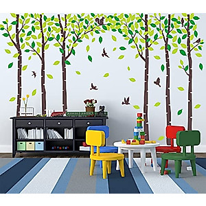 Six Birch Tree Wall Decals Birds Cute Squirrel Forest Wall Stickers for Kids Room Nursery Bedroom Living Room Classroom Decoration (Brown,Green)