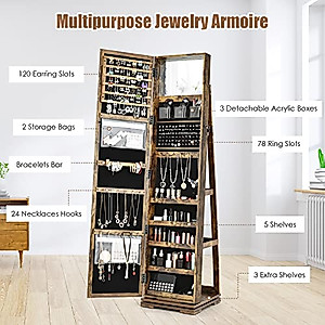 CHARMAID 360° Rotating Jewelry Armoire with Higher Full Length Mirror, Standing Lockable Jewelry Cabinet Organizer, Large Storage Capacity, Inside Makeup Mirror, Rear Storage Shelves (Rustic Brown)