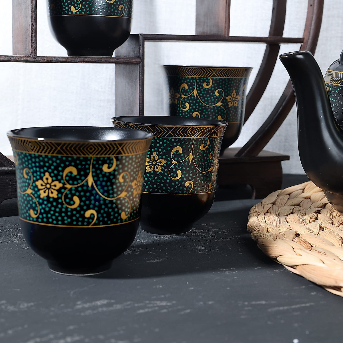 fanquare Japanese Porcelain Tea Set, Handmade Kungfu Teapot with 6 Cups, Large Black TeaPot with Gold Flowers Pattern